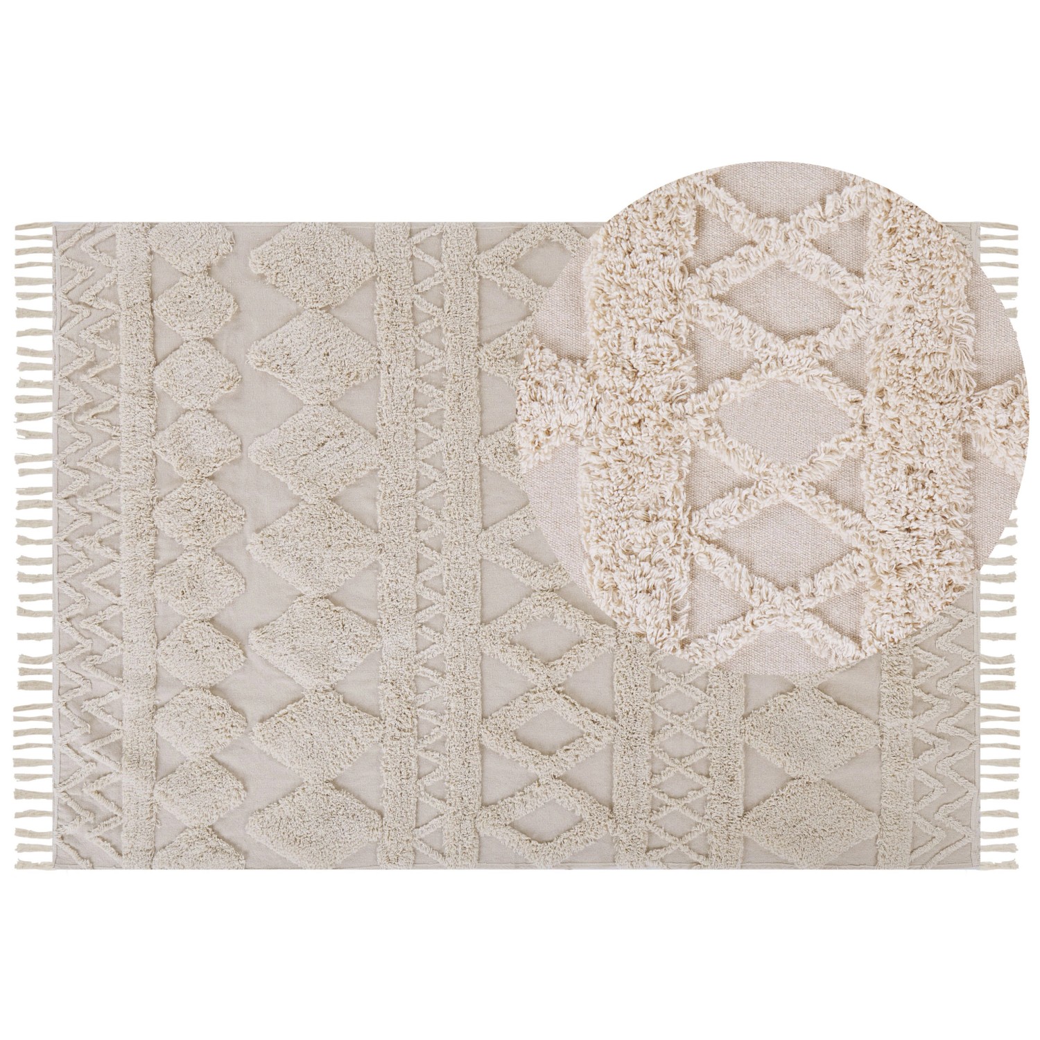 Teppich Didim geometrisches Muster Fransen Kurzflor Baumwolle Beige 160 ...