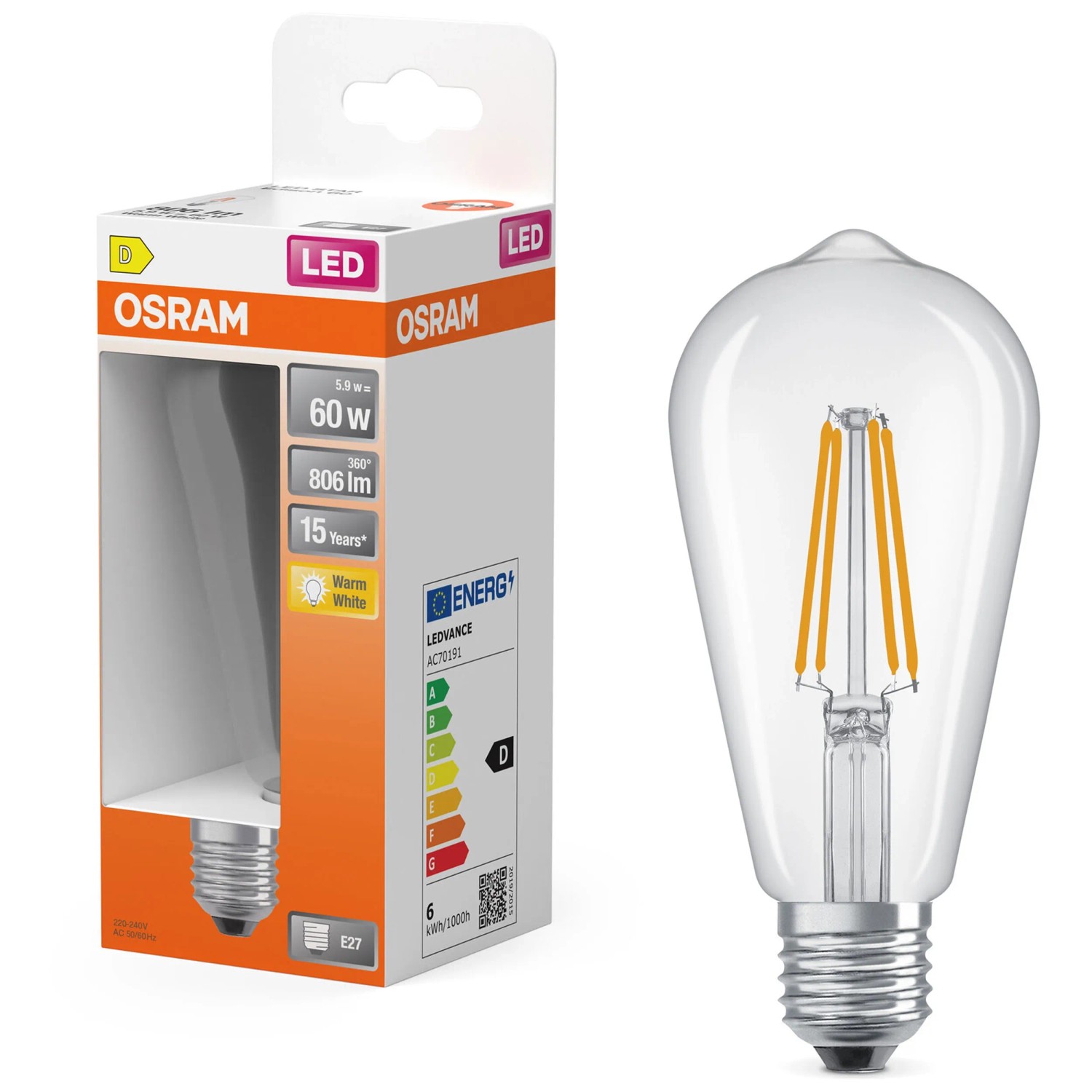 Osram LED-Leuchtmittel Edison Klar Warmweiss E27 / 5,9 W / Ø 64 x 143 mm