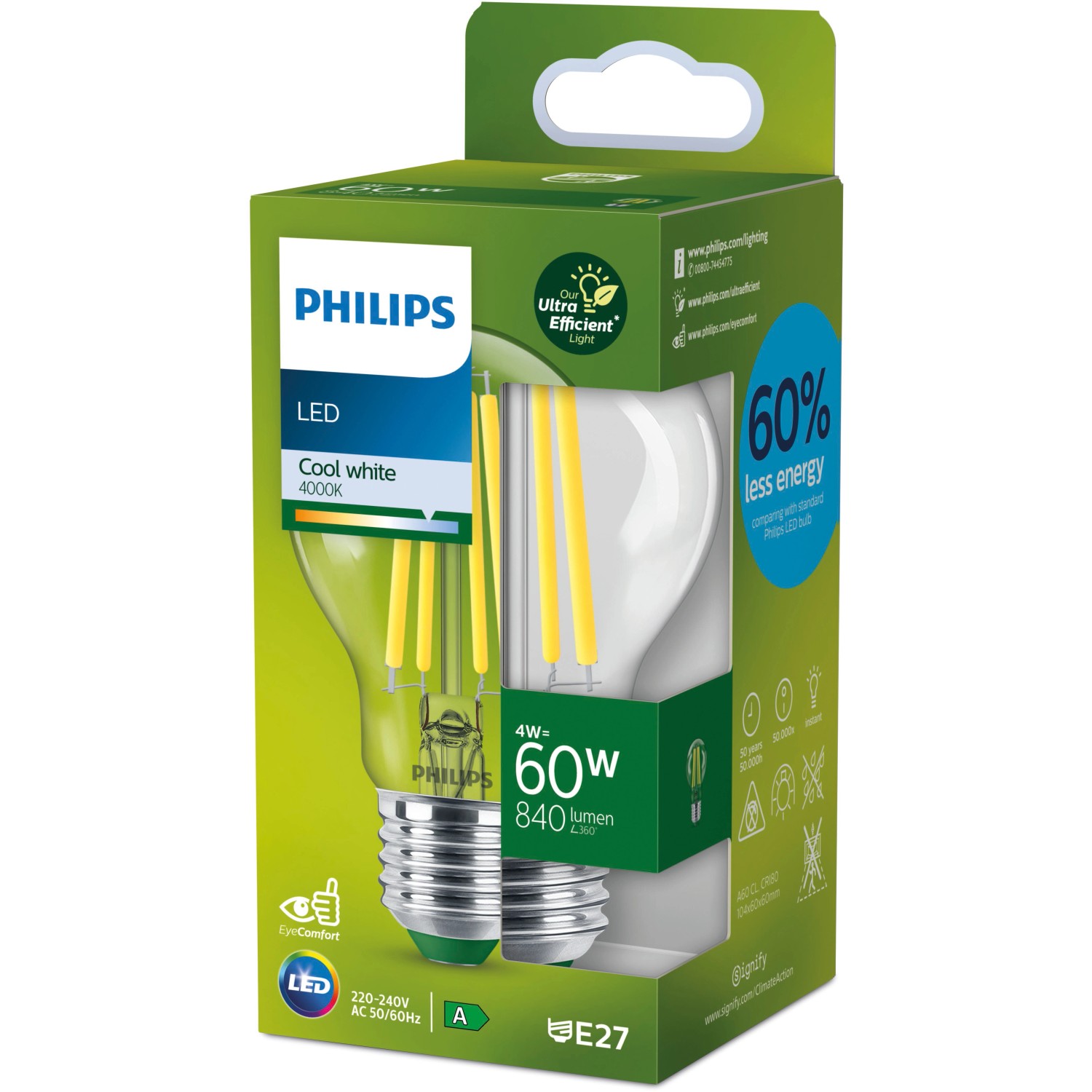 Philips Classic LED-Lampe ultraeffiziente E27 klar Neutralweiss ersetzt ...