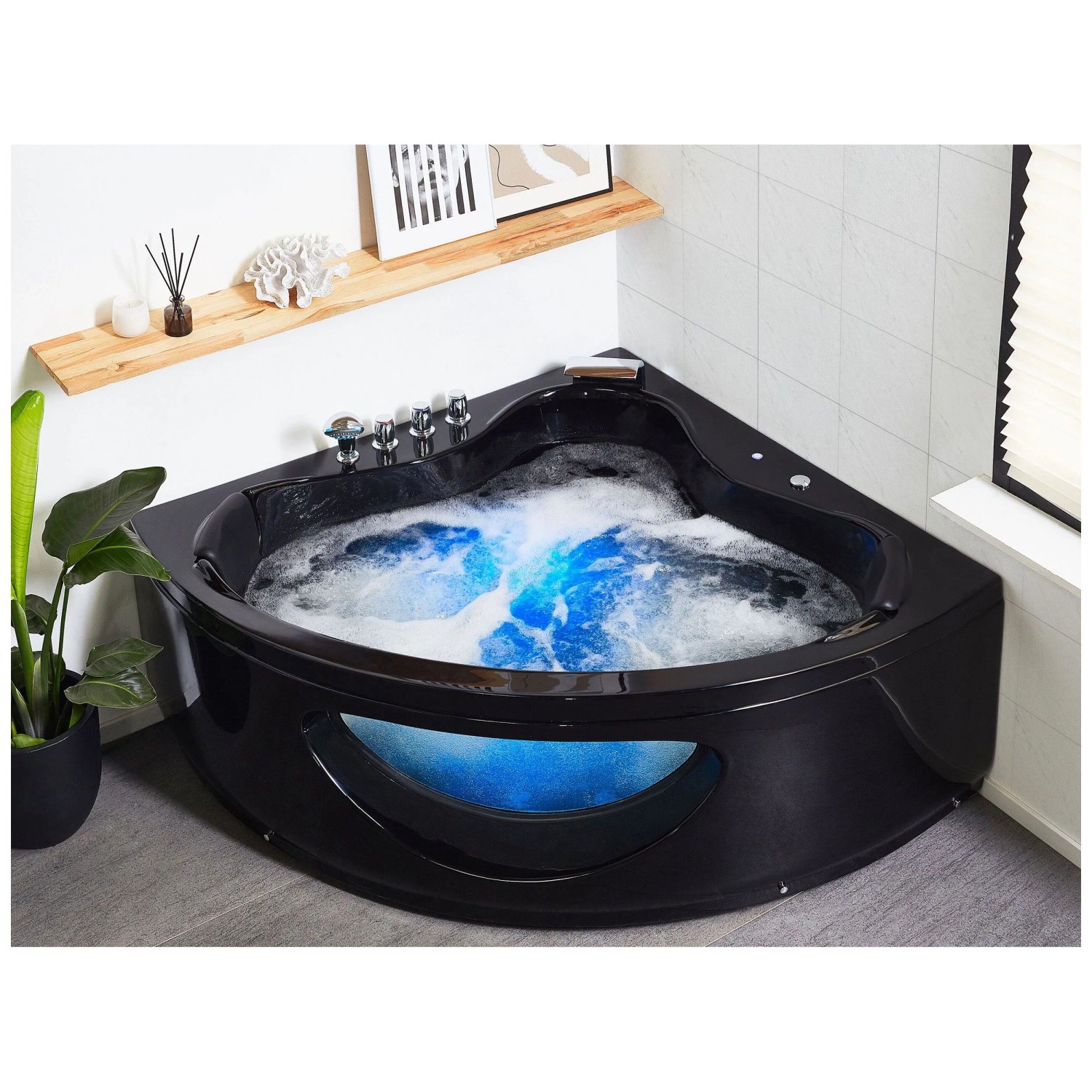 Beliani Whirlpool-Badewanne Tocoa Eckmodell Acryl Schwarz 61 x 146 x 205 cm