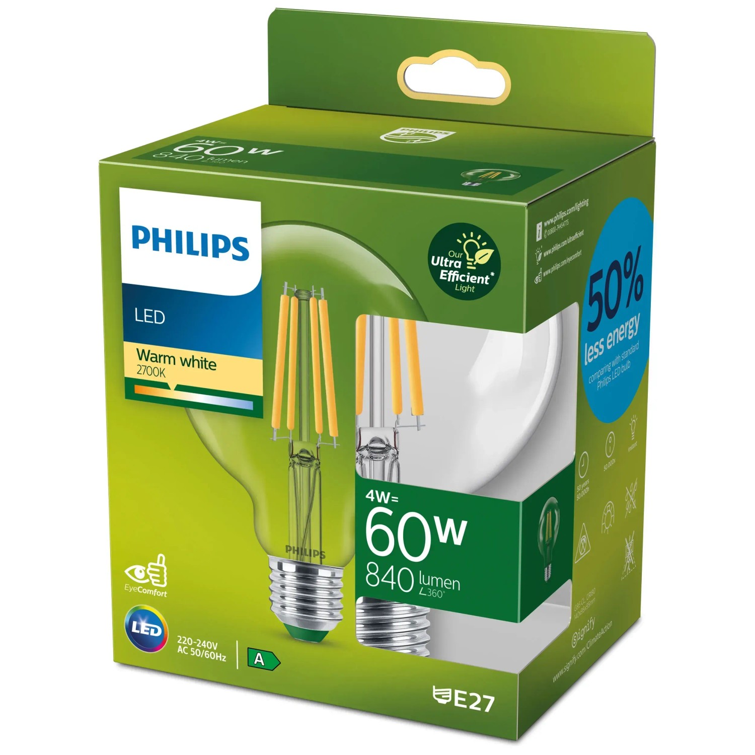 Philips Classic LED-Glühbirne Globe ultraeffizient E27 klar 60 W / 2'700 K