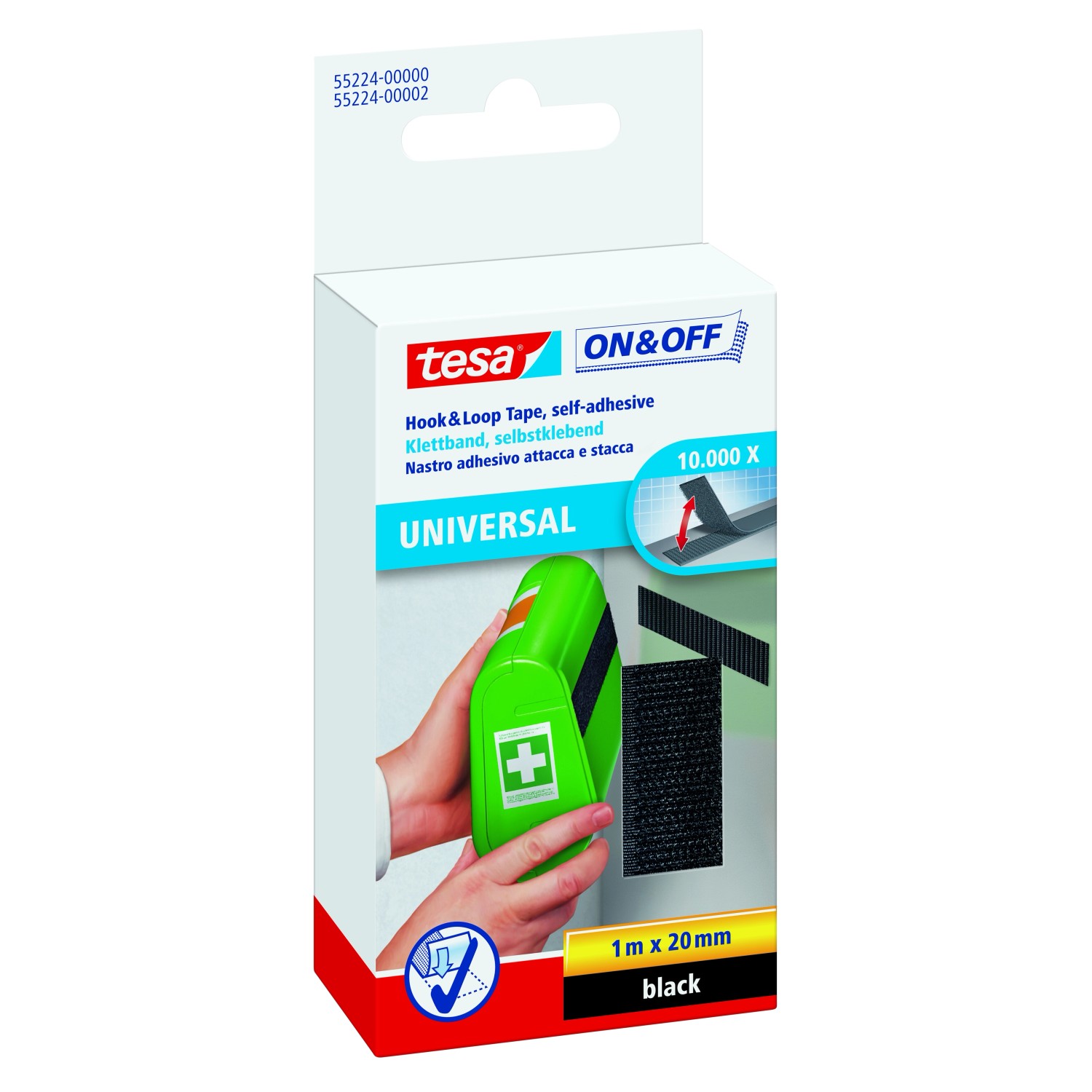 Tesa On and Off Bande Velcro à coller Noir 1 m x 20 mm