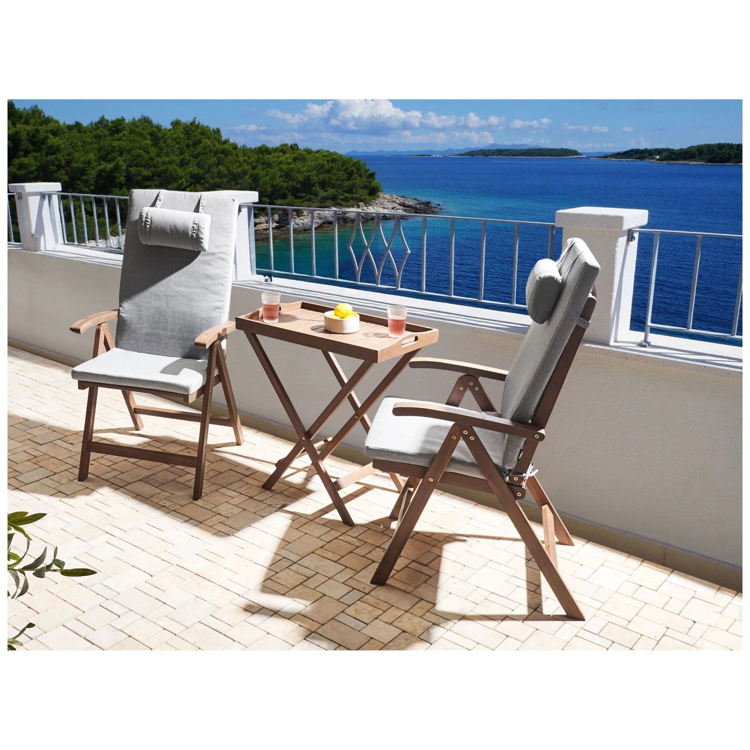 Beliani Set bistrot Amantea Premium 2 posti acacia cuscini grigio screziato