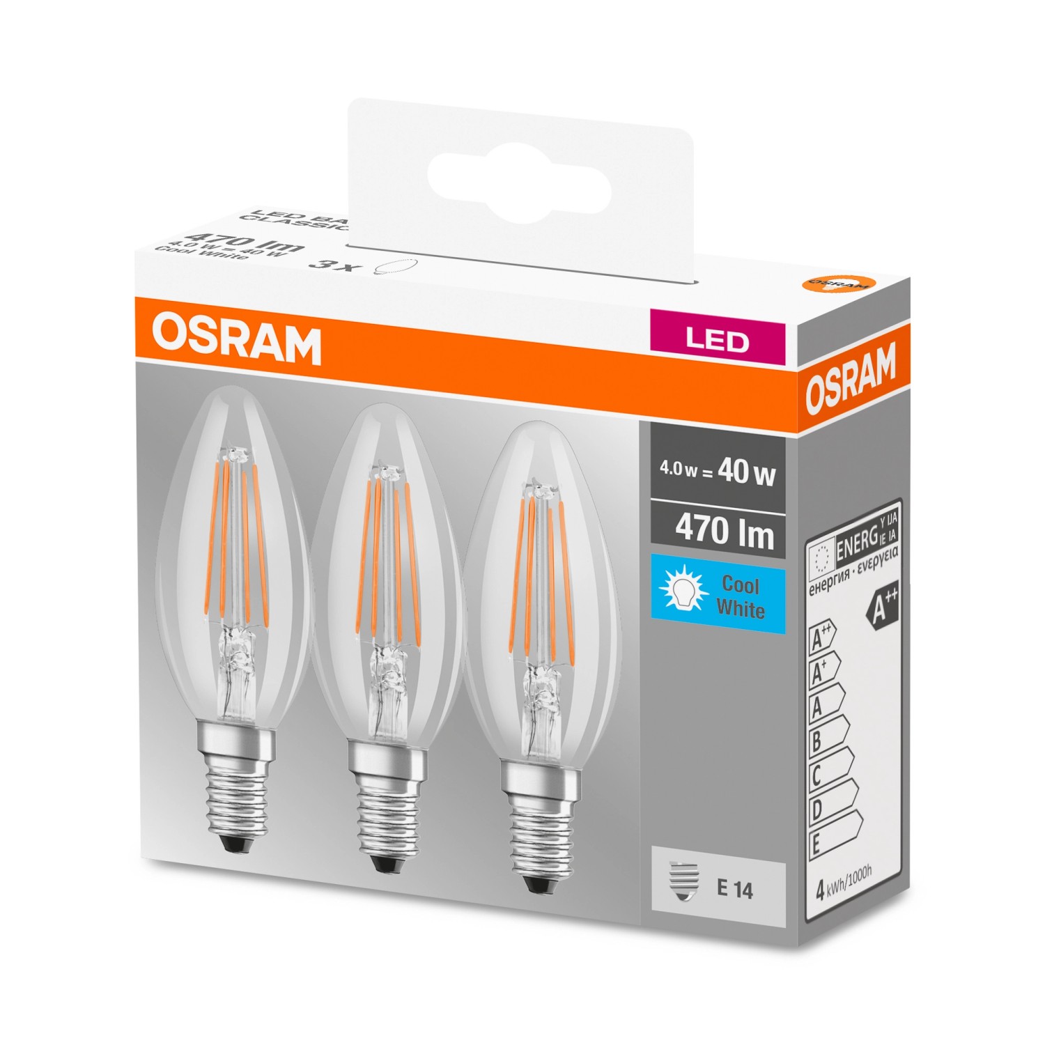 Osram LED-Leuchtmittel Base Kerzenform Filament E14 Kaltweiss 40W 470lm ...