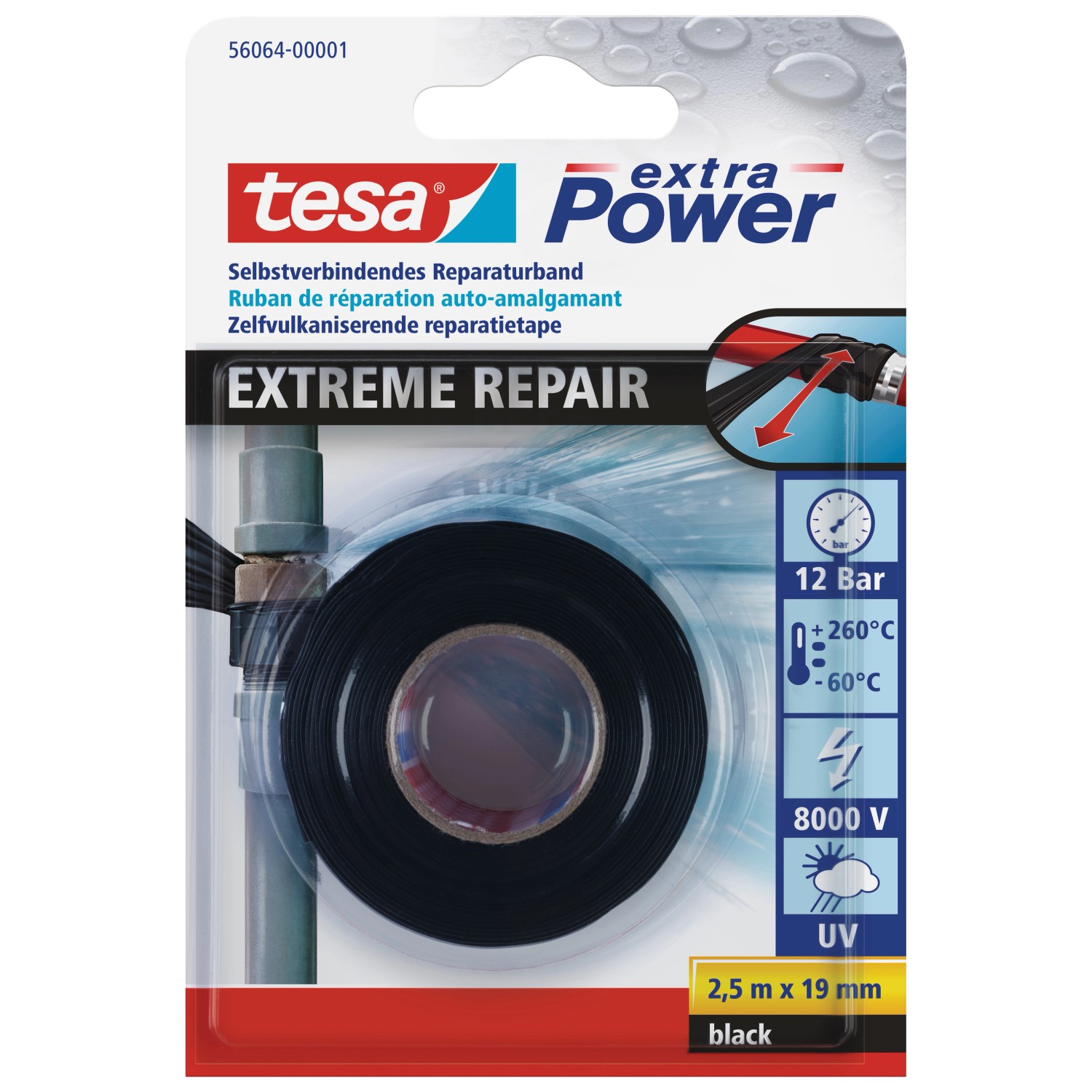 Tesa Extra Power Ruban de réparation Extreme Repair Noir 2,5 m x 19 mm