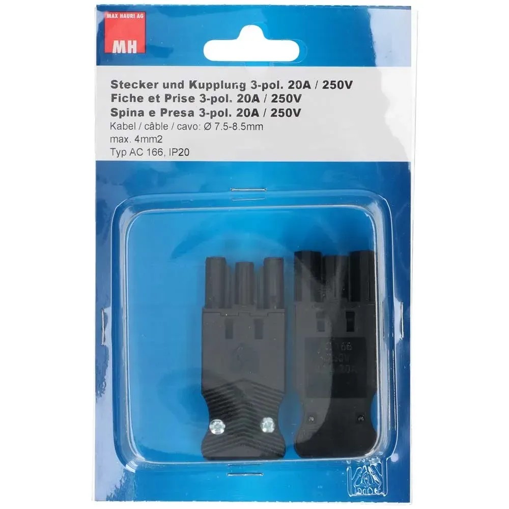 Stecker und Kupplung AC 166 flach Schwarz 250 V / 20 A / 3-polig