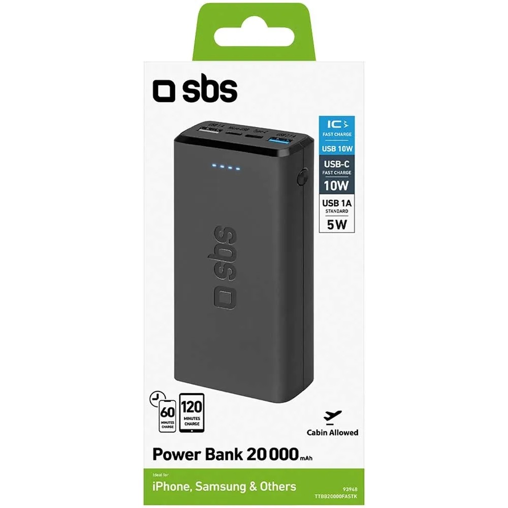 SBS Powerbank avec 2 sorties USB A Noir 20'000 mAh