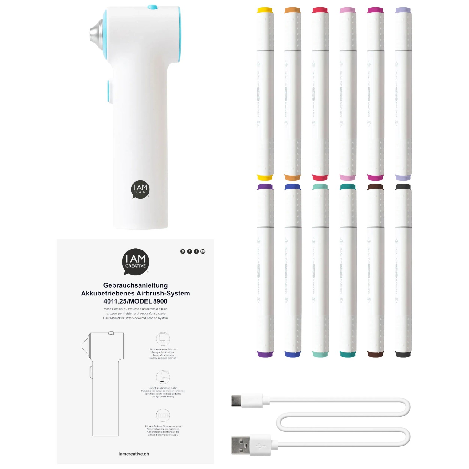 I Am Creative Airbrush-Set inkl. 12 Textilstifte und USB-Ladekabel