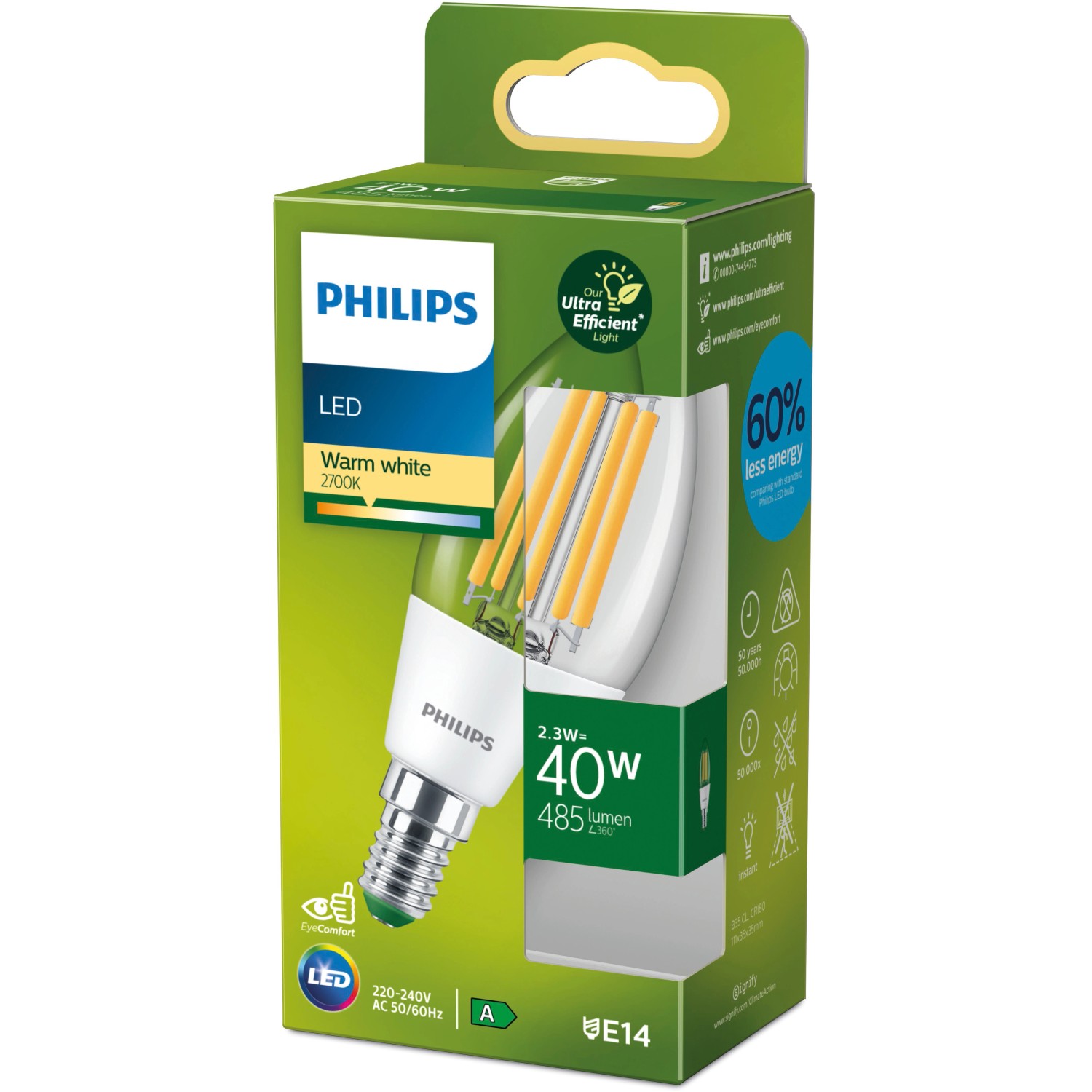 Philips LED-Leuchtmittel ultraeffizient E14 Kerzenform klar 2,3 W ...