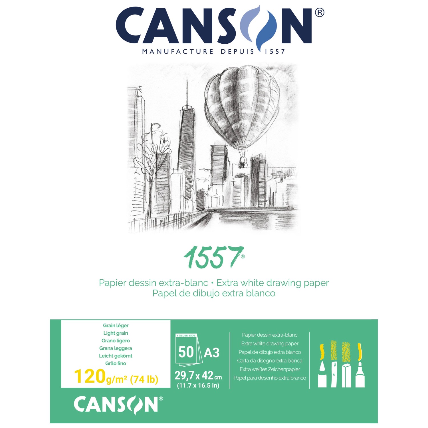 Canson Bloc de dessin 1557 Extrablanc 120 g/m² / A3 / 50 feuilles