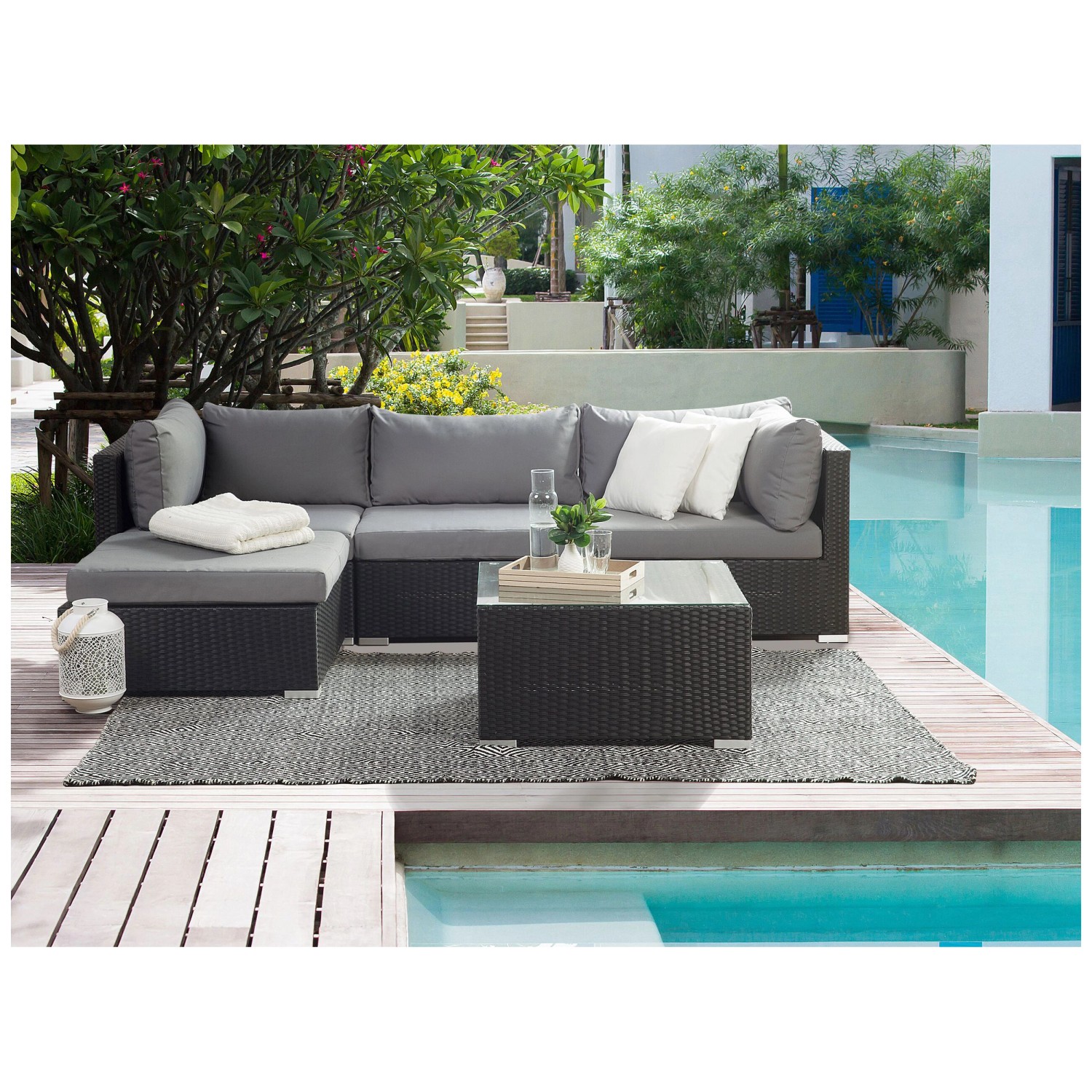 Beliani Lounge-Set Sano II 4-Sitzer Linksseitig Modular Rattan Schwarz ...