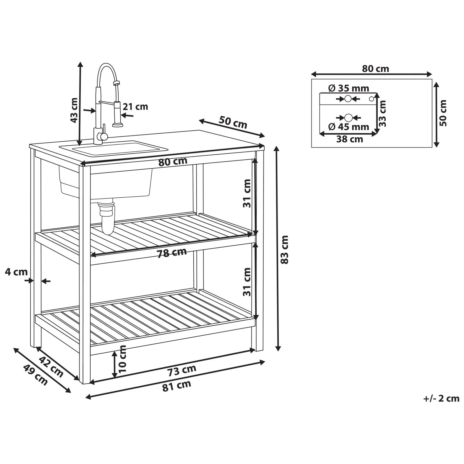 Beliani Isola cucina esterno Brucoli lavello acacia marrone 83 x 80 x 50 cm