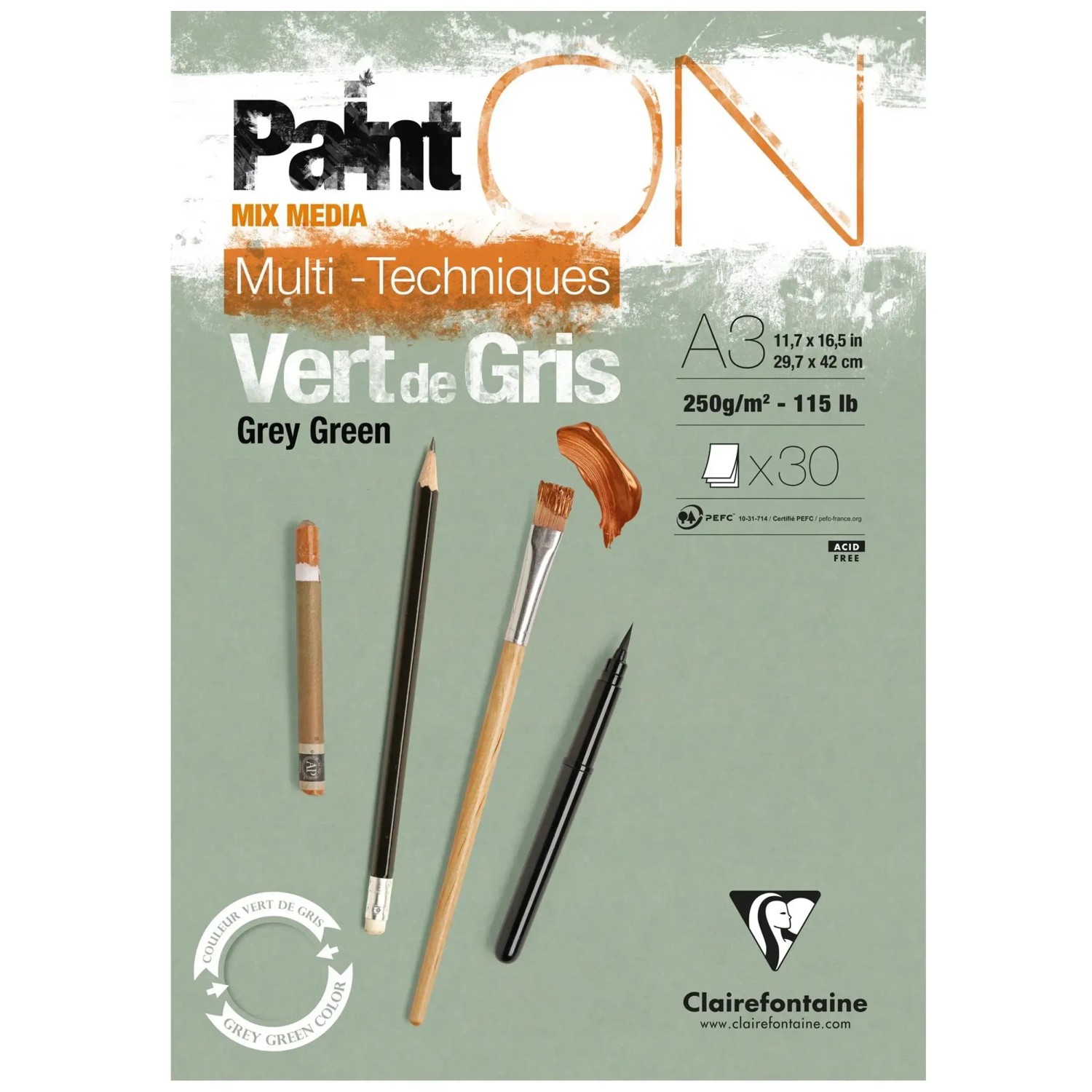 Clairefontaine Paint ON Zeichenblock Grüngrau A3 / 250 g/m² / 30 Blatt