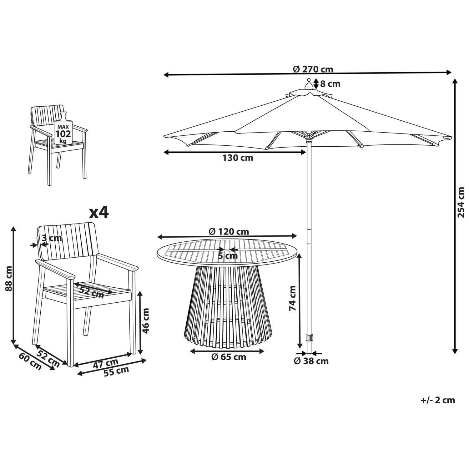 Beliani Set meubles jardin Agello 4 places en bois d'acacia parasol ...