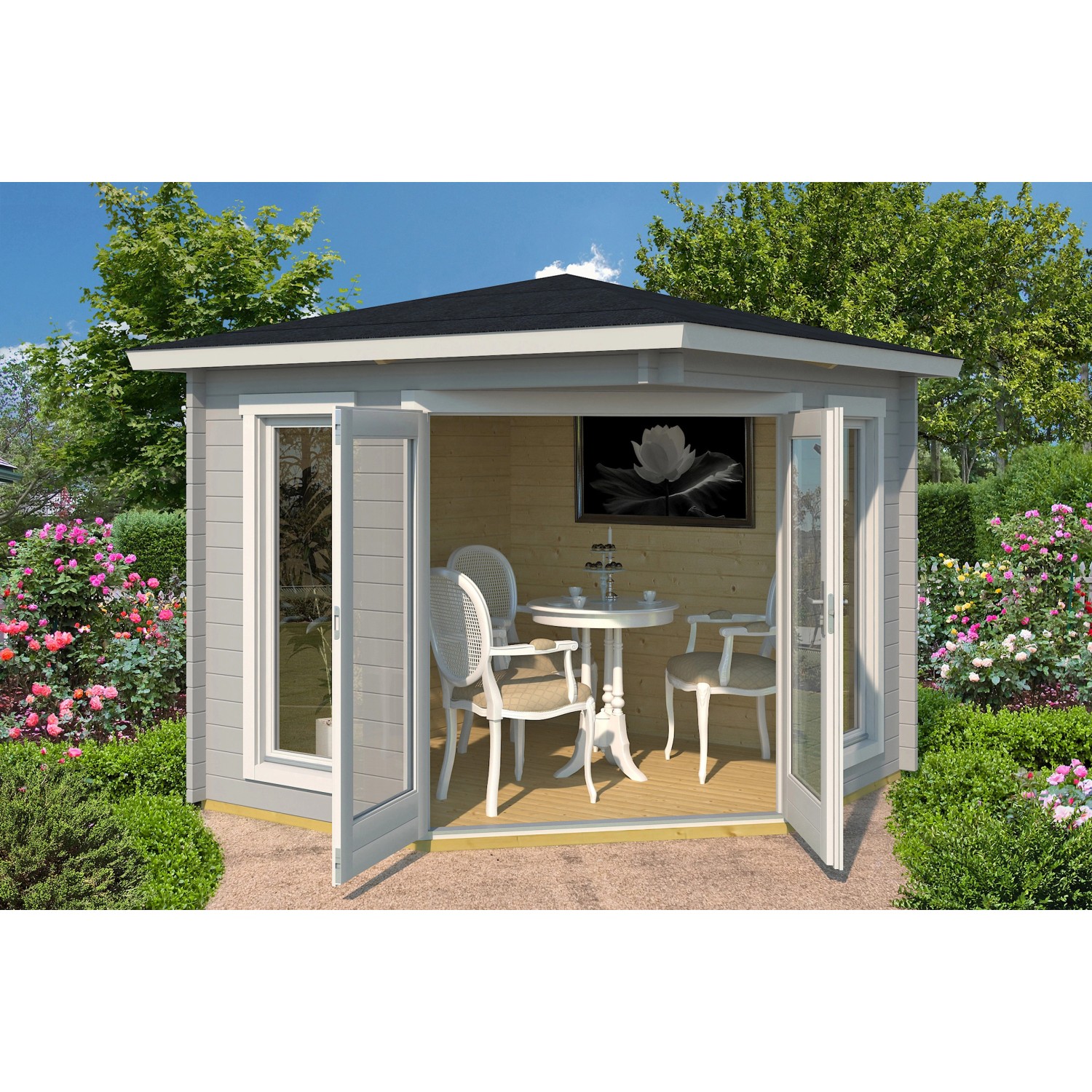 5-Eck Gartenhaus 408 Grau-Weiss kaufen bei OBI