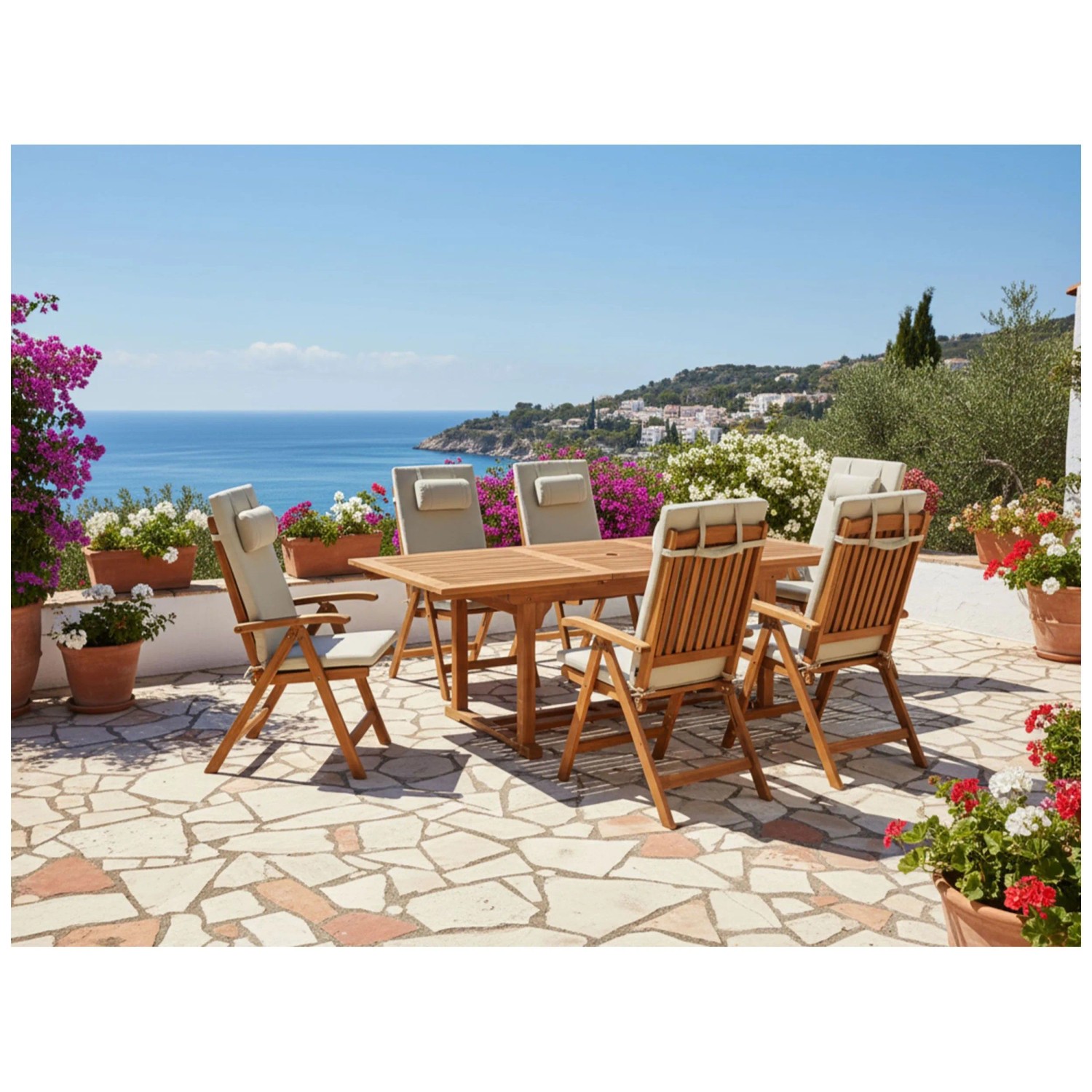 Beliani Set mobili giardino Java Premium 6 posti acacia cuscini color taupe