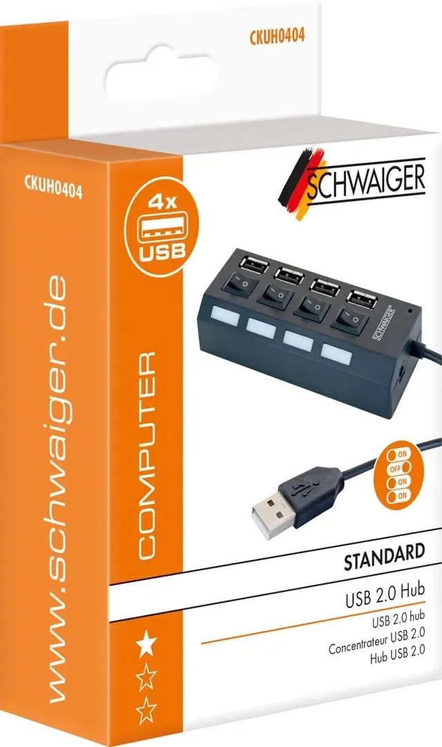 Schwaiger® USB 2.0 HUB 4-fach mit Schalter und Status LED Schwarz ...