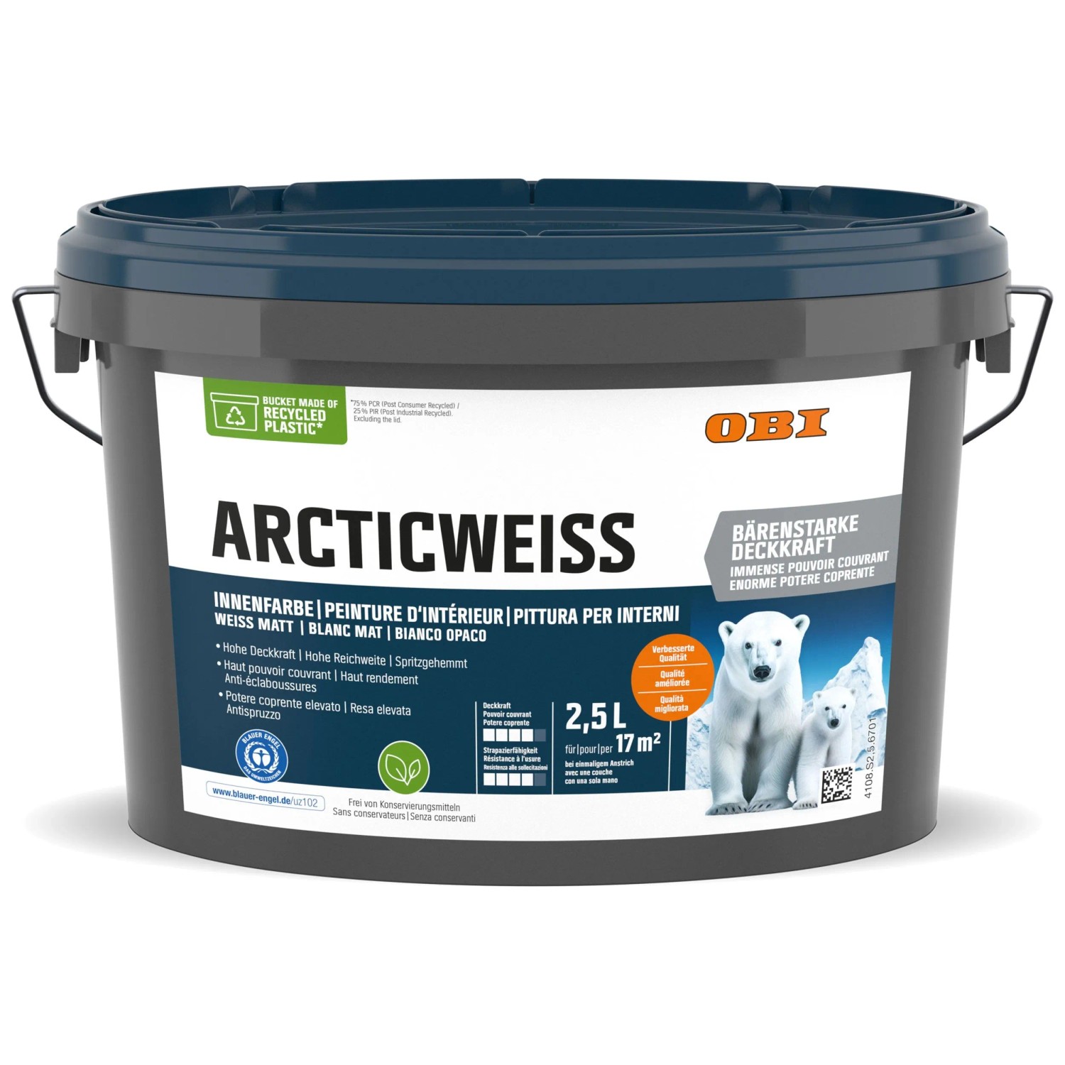 OBI Wandfarbe Arcticweiss Weiss matt 2,5 l