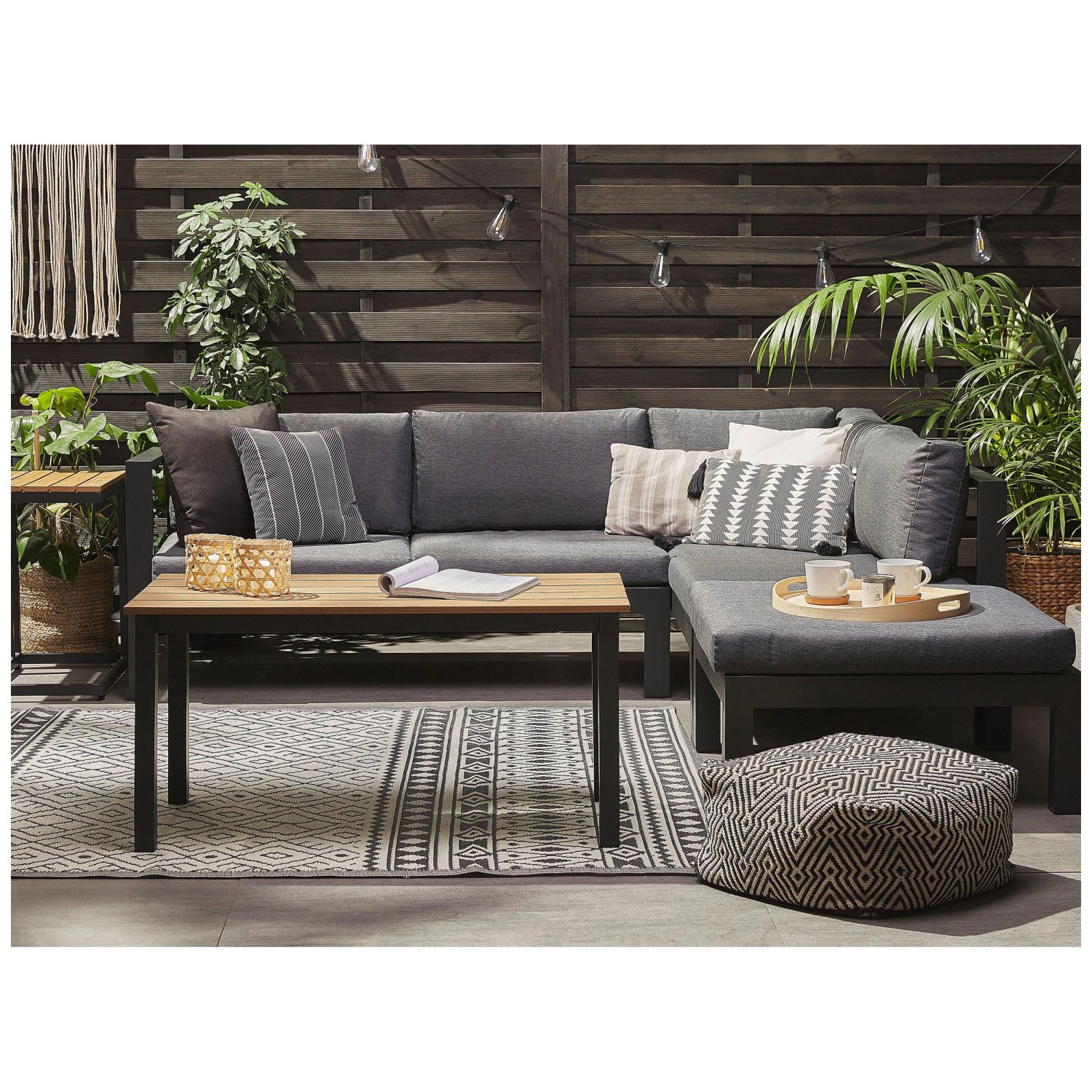 Beliani Lounge-Set Messina 5-Sitzer Schwarz mit Auflagen in Dunkelgrau ...