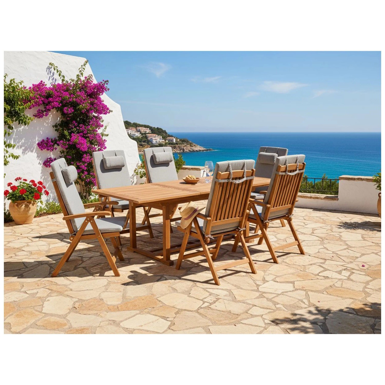Beliani Set mobili giardino Java Premium 6 posti acacia cuscini grigio ...