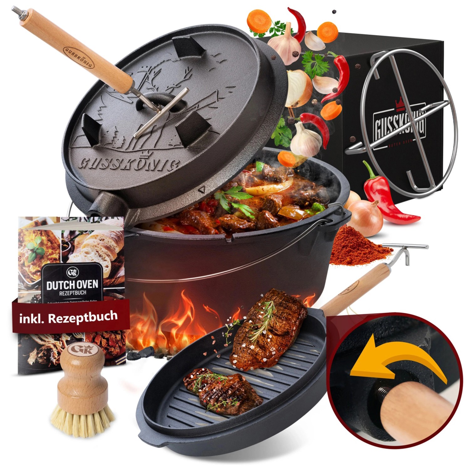 Gusskönig Dutch Oven Set Feuertopf Gusseisen Schwarz 4,5 l mit ...