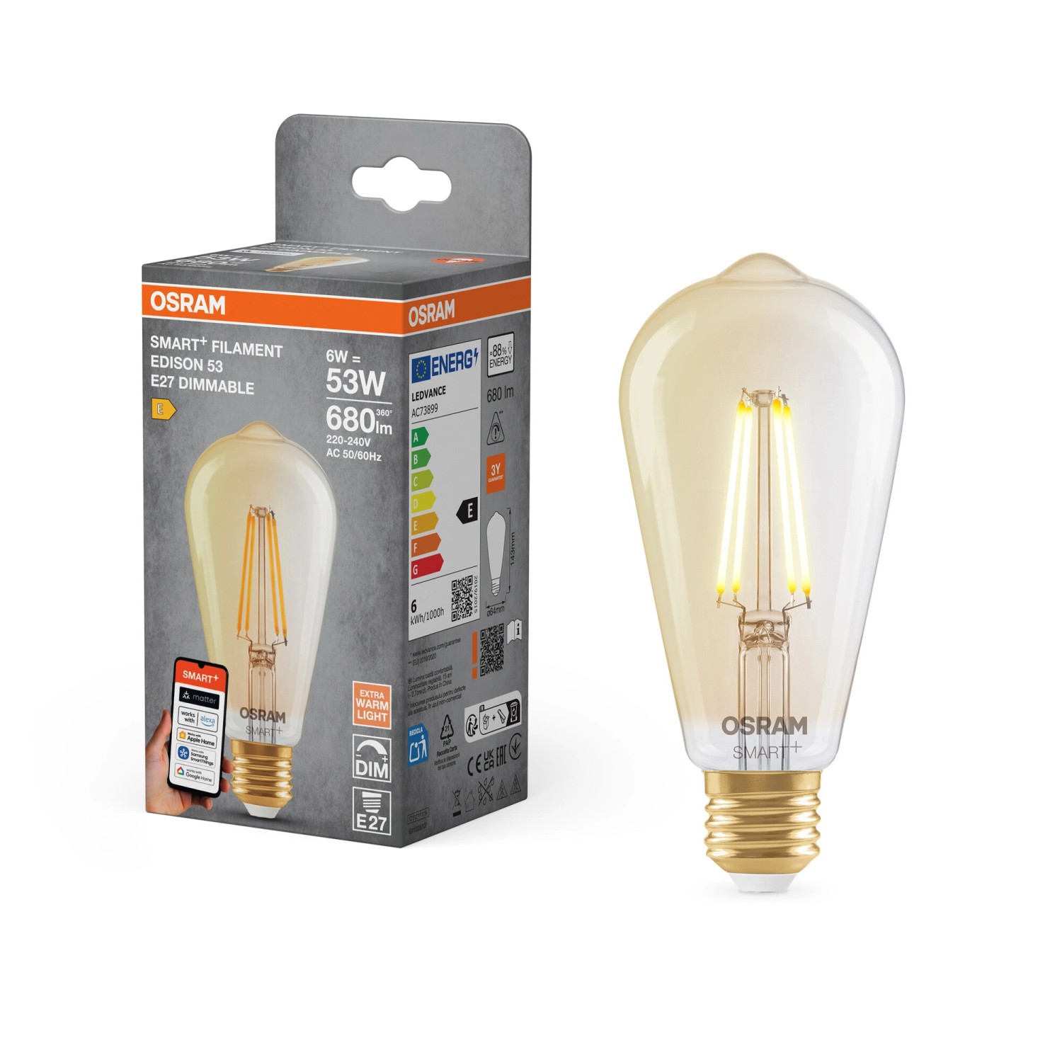 Osram LED-Leuchtmittel Smart+ E53 Filament Gold E27 / 6 W / 680 lm / 2'400 K kaufen bei OBI